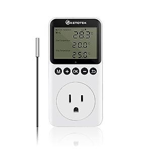 KETOTEK Digital Temperature Controller Outlet Day Night Thermostat Plug Socket Heating Cooling Temp Controller with Sensor Timer Regulator for Reptile Greenhouse Brewing Refrigerator