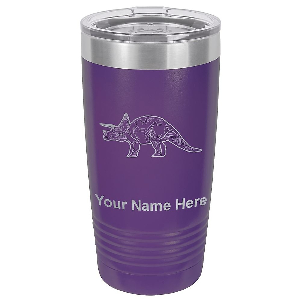 LaserGram 20oz Vacuum Insulated Tumbler Mug, Triceratops Dinosaur, Personalized Engraving Included (Dark Purple)