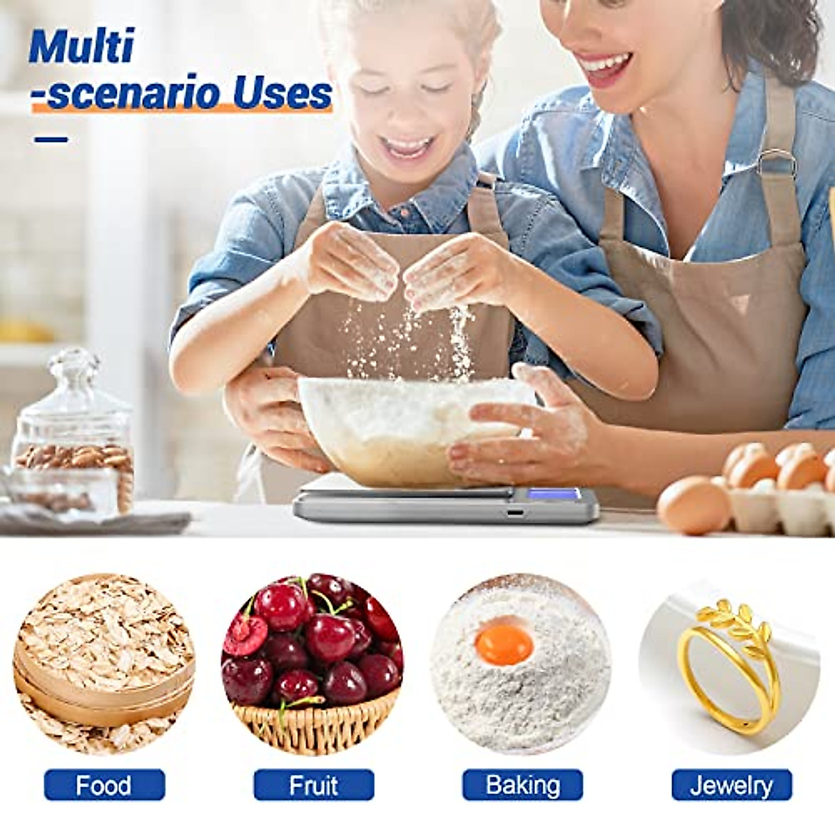 Kitchen Food Scale, Rechargeable Scale for Food Ounces and Grams, High Precision Digital Scale Used for Baking, Coffee Making, with LCD Display and 2 Trays