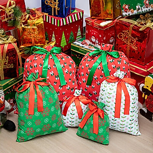 JAZGROM 6pcs Fabric Gift Wrap Bags Reusable Christmas Gift Bags With Drawstring For Party Favors Cloth Bags For Holiday Presents Décor Gifts Decorations
