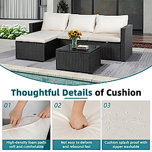 SUNLEI Patio Furniture Set with Detachable Soft Cushions, All Weather Outdoor PE Rattan Patio Conversation Sofa Set, 3-Piece Patio Sectional Sofa with Glass Coffee Table & Ottoman, Black Rattan/White