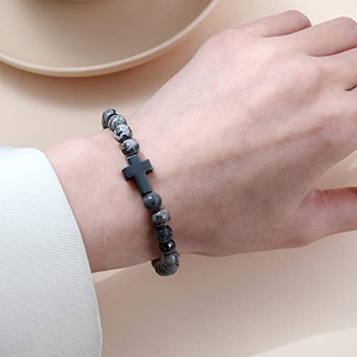 Softones 6mm Cross Beaded Bracelet for Girls Women Natural Stone Stretch Link Prayer Bracelet for Boy Girls,7.1"