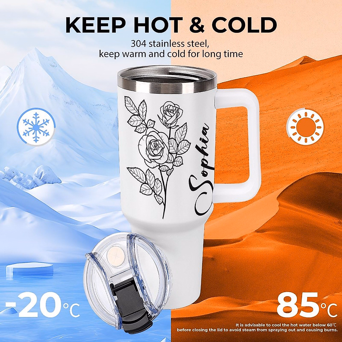 Personalized 40 Oz Tumbler with Lid Handle and Straw, Custom Stainless Steel Water Bottle Travel Mug with Names and Birth Flower, Personalized Mothers Day Birthday Gift for Mom Grandma