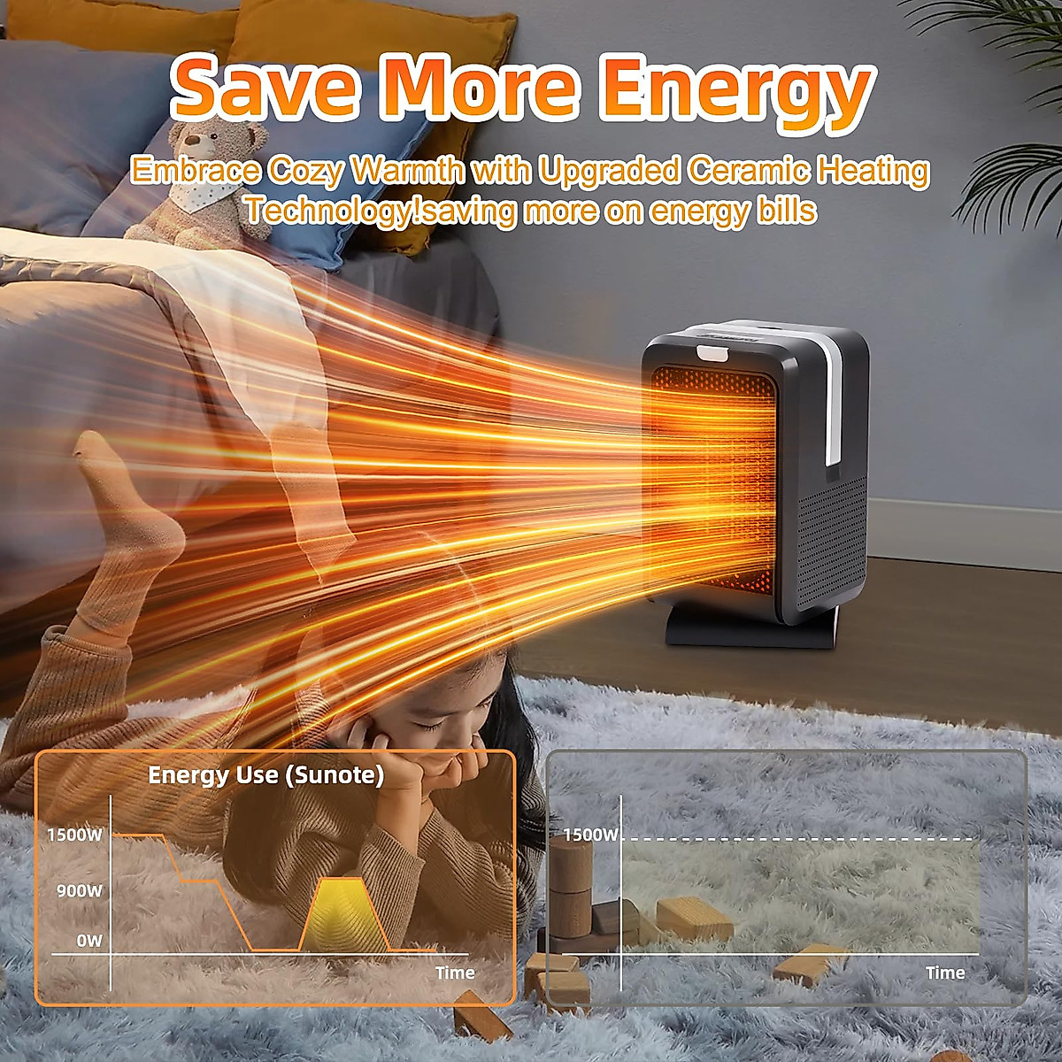 ZTAB Space Heater Indoor use, 1000W PTC Ceramic Electric Heater indoor with Remote, 90°Oscillating, Fast Safety Heater, Portable Desk Heater for Bedroom, Office, Home, Black