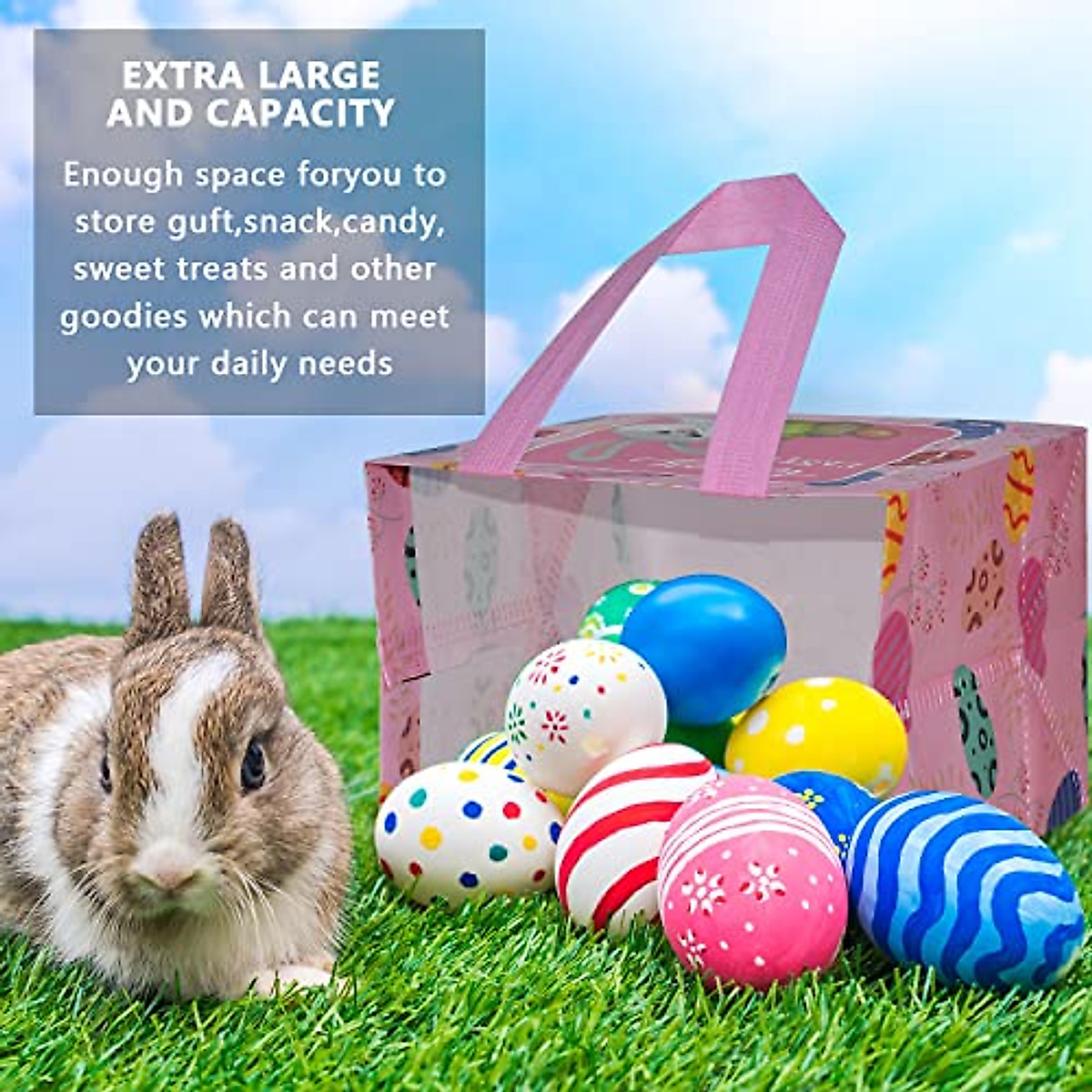 SUNSHNO 12Pack Easter Tote Bags Large Easter Gift Bags with Handles Reusable Easter Non-Woven Bags Grocery Shopping Bunny Easter Egg Totes for Easter Holiday Party Supplies-8.19’’x7.8’’x5.85’’