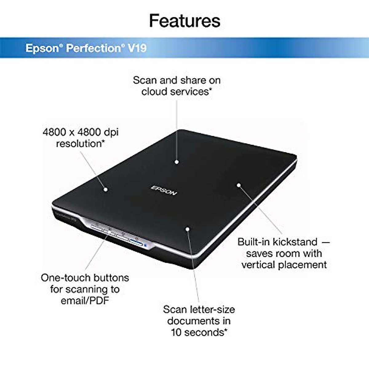 Epson Perfection V19 Color Photo & Document Scanner with scan-to-cloud & 4800 dpi optical resolution , Black