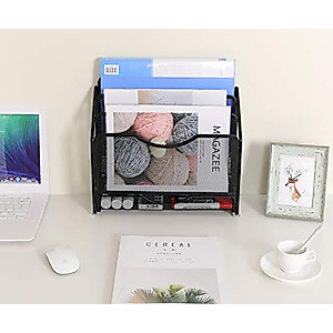 EasyPAG Mesh Desk Paper Organizer Wall Hanging File Holder with 3 Upright File Organizer and Sliding Drawer,Black
