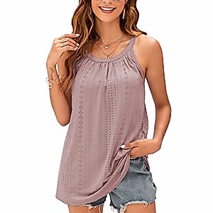 ClearFlower Barbie Tank Top for Women Loose Fit High Neck Sleeveless Halter Tops Casual Pleated Eyelet Summer Flowy Cami Shirts Blouse Deep Pink M