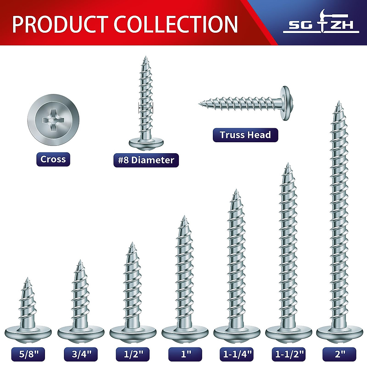 #8 x 5/8" Wood Screw 100Pcs Alloy Steel Standard Thread Truss Head Fast Self Tapping by SG TZH