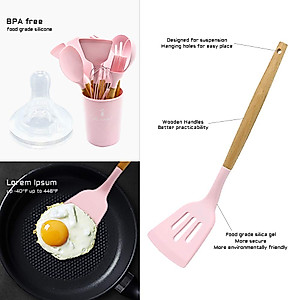 Caliamary Silicone Kitchen Utensil Set, 11 Pieces Cooking Utensil with Wooden Handles, Utensil Holder for Nonstick Cookware, Spoon, Soup Ladle, Slotted Turner, Whisk, Tongs, Brush, Pasta Server (Pink)