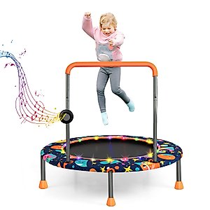 Goplus 36" Mini Trampoline for Kids, Toddler Trampoline with LED Lights, Bluetooth Speaker, Removable Handle, Safe Padded Cover, Indoor Outdoor Small Rebounder for Child Boys Girls (Navy, Space)