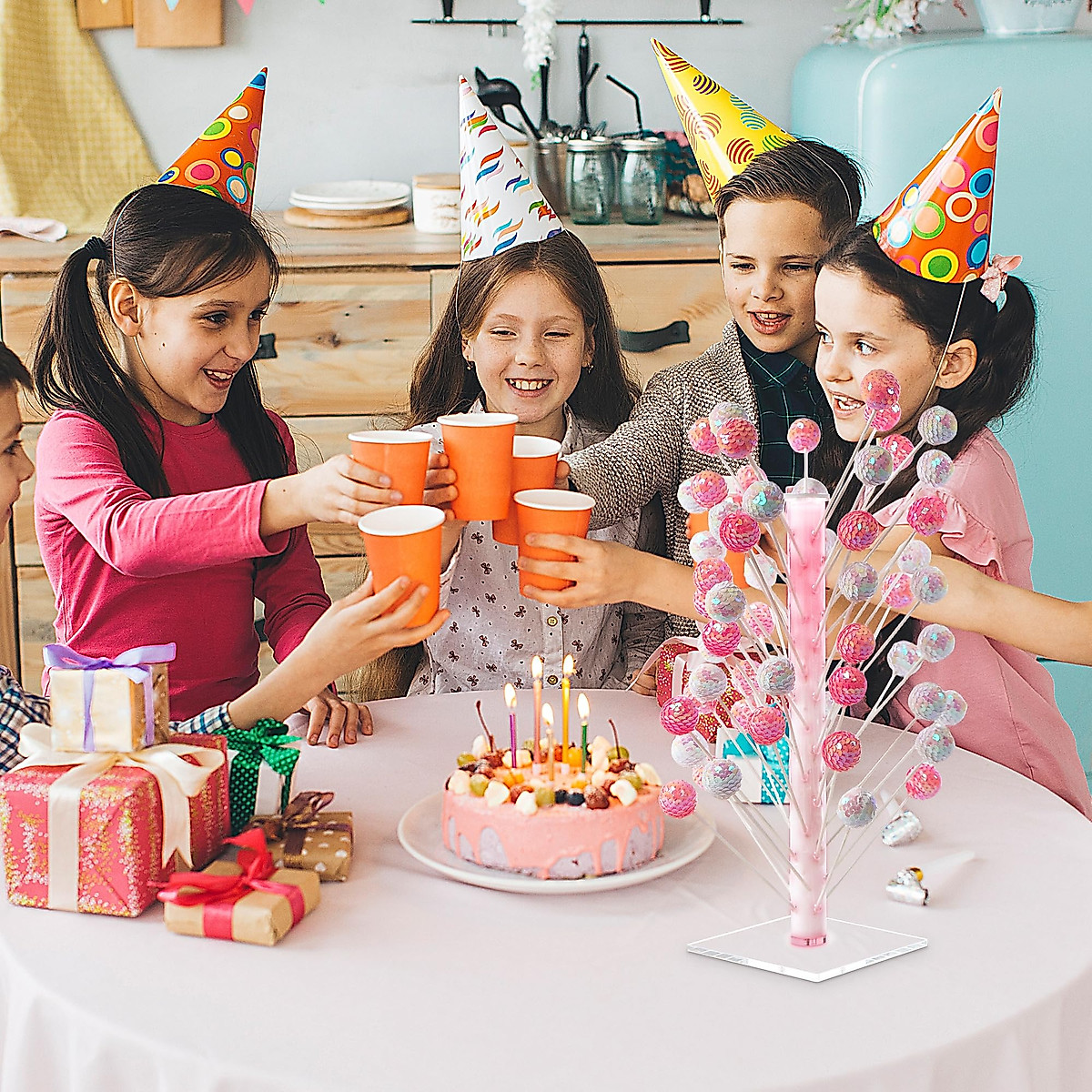 VREASK Acrylic Cake Pop Stand with Led Light, 60 Hole Lollipop Holder Display, Clear White Tower Tree Sucker Sticks Rack for Dessert Table, Birthday Party ,Wedding Parties,Candy Bar