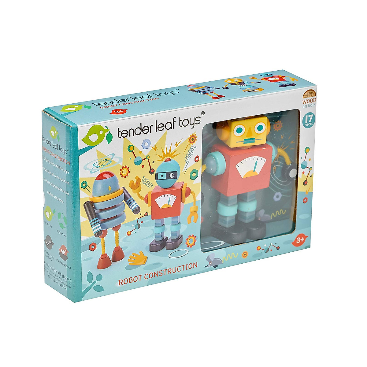 Tender Leaf Toys - Robot Construction - 17 Pieces Wooden Construction Set to Build and Stack 3 Robot in Endless Variations - Develops Problem Solving Skills and Imaginative Play for Children 3+