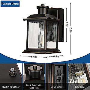 Dusk to Dawn Outdoor Porch Lights with 2 GFCI Outlets, Waterproof Wall Lights Mount for House, Aluminum Anti-Rust Exterior Light Fixture, Wall Sconce, Wall Lamp, Wall Lantern for Balcony, Garage
