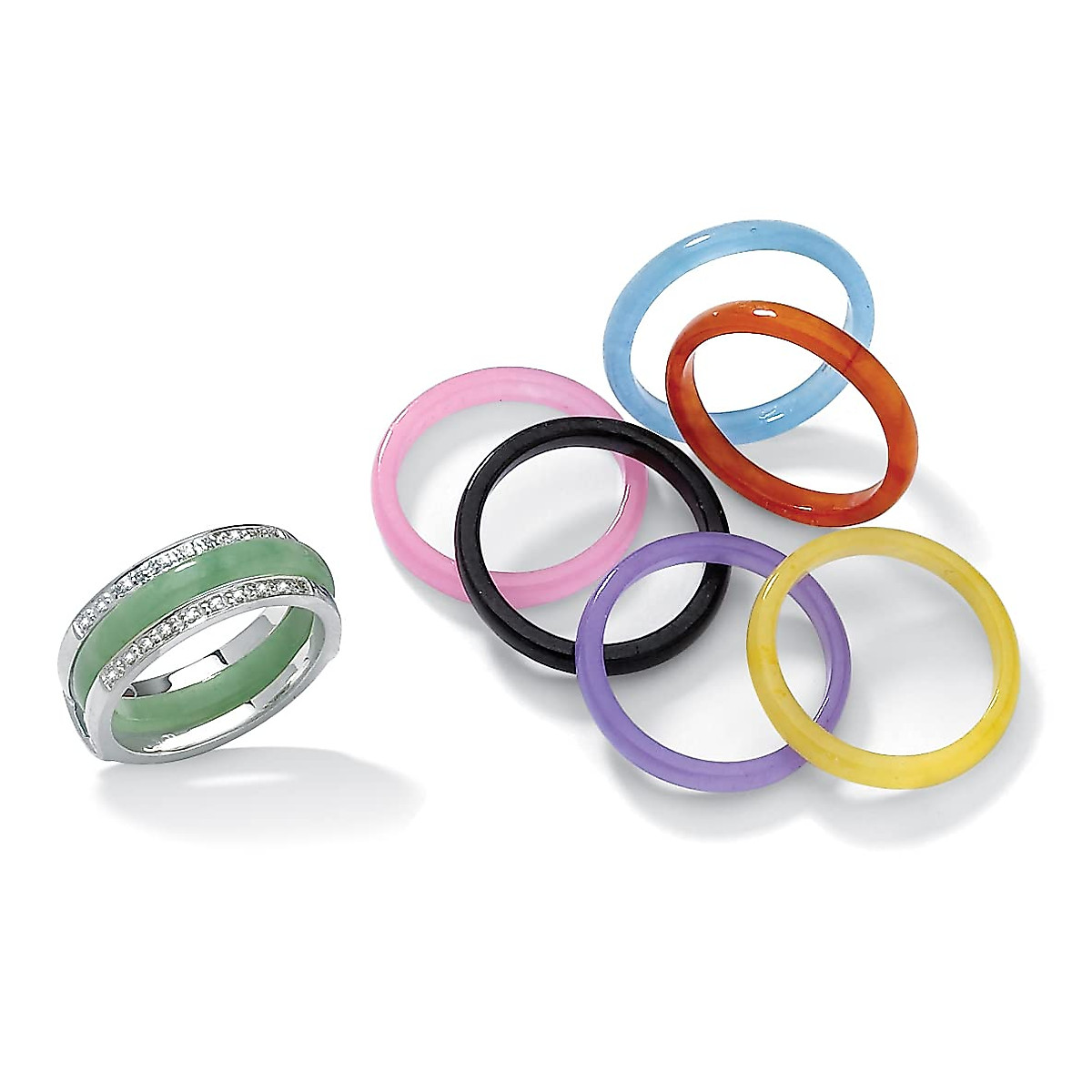 PalmBeach Sterling Silver Multicolor Jade 8 Piece Interchangeable Ring Set Sizes 5-10 Size 8