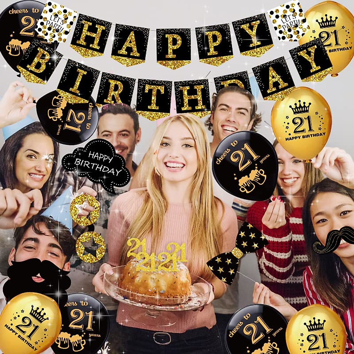 21st Birthday Decorations for him - (76pack) Black Gold Party Banner, Pennant, Hanging Swirl, Birthday Balloons, Tablecloths, Cupcake Topper, Crown, Plates, Photo Props, Birthday Sash for Men Gifts