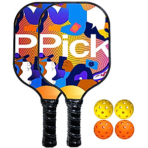 Pickleball Three-Piece Set，Pickleball，Glass Carbon Fiber Pickleball，Peak Racket，2 Sets of Pickleball Rackets，Set Contains 2 Peak Racket and 4 Pickleballs，Suitable for Young Beginners (Yellow)