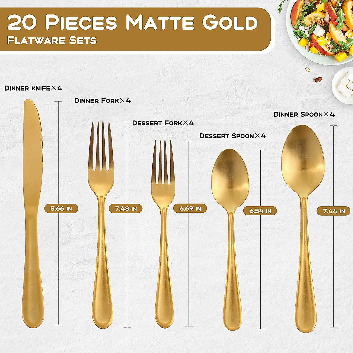 Matte Gold Silverware Set - viishow 20-Piece Stainless Steel Flatware Set for 4, Matte Gold Tableware Modern Satin Finished Kitchen Cutlery Set Eating Utensils Set, Dishwasher Safe