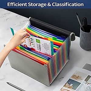 Sooez 24 Pockets Accordion File Organizer, Letter Size, Durable Leather Expanding File Folder, Paper Bill Tax Receipt Organizer, Large Capacity Document Holder with Blank Labels, Light Gray