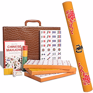 GUSTARIA Chinese Mahjong Set, with X-Large 144 Numbered Melamine Yellow Tiles, 2 Spare Tiles, 6 Dice and a Wind Indicator, Carrying Travel Case with English Instruction, Mahjong Mat (Yellow)