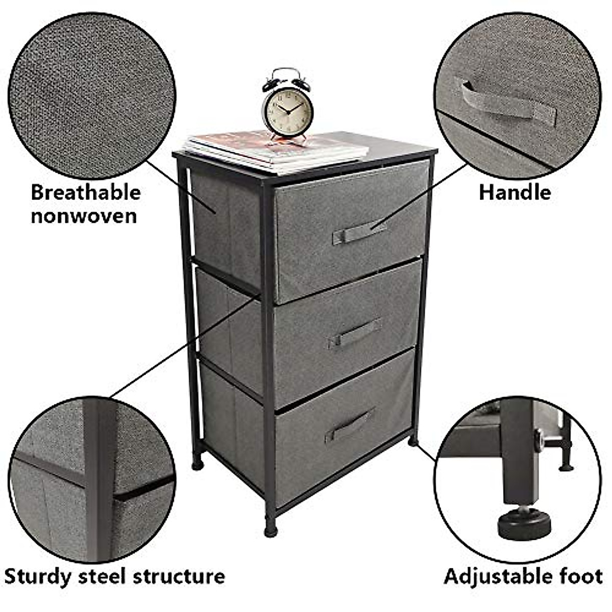 KKTONER Nightstand Dresser Storage Tower Organizer with 3 Drawer Vertical Dresser Foldable Pull Fabric Bins for Bedroom Entryway (Gray)