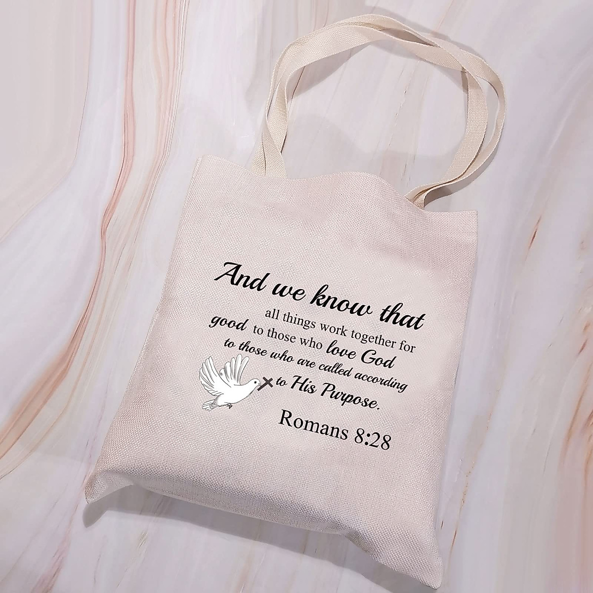 VAMSII Romans 8: 28 Tote Bag Christian Shoulder Bag Bible Verse Gift Bags Scripture Canvas Tote Bag Religious Christian Gifts (Tote Bag)