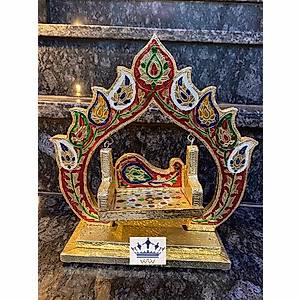 Will and Weaves Laddu Gopal Wooden Jhula Hand crafted Traditional Jhula Meenakari Jhula Kanha Ji Jhoola Carousel Bal Gopal Swing For Size 0 and 1 Thakur Ji For Janmashtami Pooja