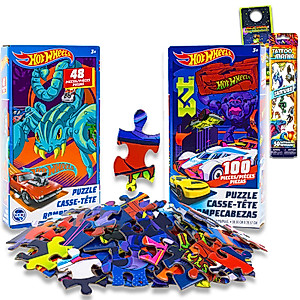 Hot Wheels Kids Jigsaw Puzzle Set Hot Wheels Activity Set - 2 Pack Hot Wheels Puzzles for Kids with Temporary Tattoos and More (Hot Wheels Toys)