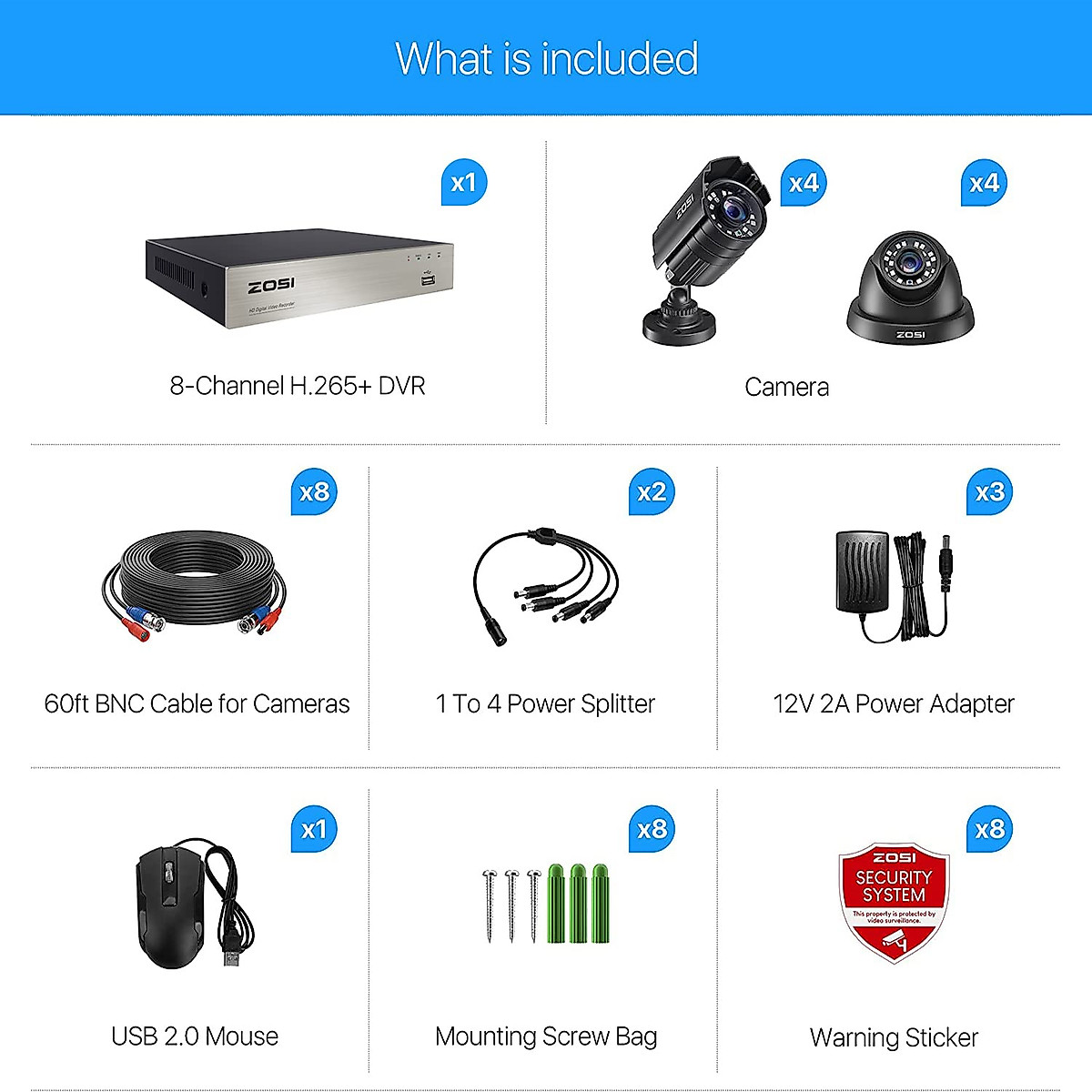 ZOSI 1080p Home Security Camera System Indoor Outdoor, 8 Channel 1080P HD CCTV DVR Recorder and 8 x 1080p Weatherproof Surveillance Bullet Dome Camera, Remote Access, Motion Detection (No Hard Drive)