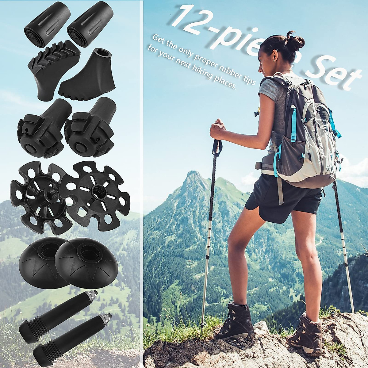 Favuit Hiking Pole Tips, Walking Stick Rubber Tips Trekking Poles 6Pcs Replacement Protectors Boot Tips Rubber Feet fits Most Standard Hiking Sticks 11mm Hole Diameter