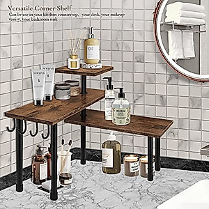 BCOZLUX Kitchen Countertop Organizer, 3 Tier Corner Counter Shelf with Metal Hooks, Bathroom Counter Organizers and Storage, Tiered Wood Spice Rack, Rustic Brown and Black