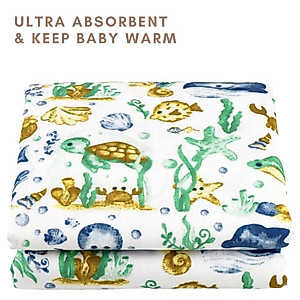 KloudBambu Hooded Baby Towel, Super Soft to Sensitive Skin, Ultra Absorbent, for Newborn, Infant, Toddler Girls and Boys, Seaworld Print