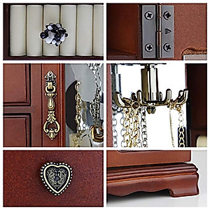 RR ROUND RICH DESIGN Solid Wooden Jewelry Box Makeup and Organizer Women Ring Storage with 4-Drawers Built-in Necklace Carousel and Mirror Brown