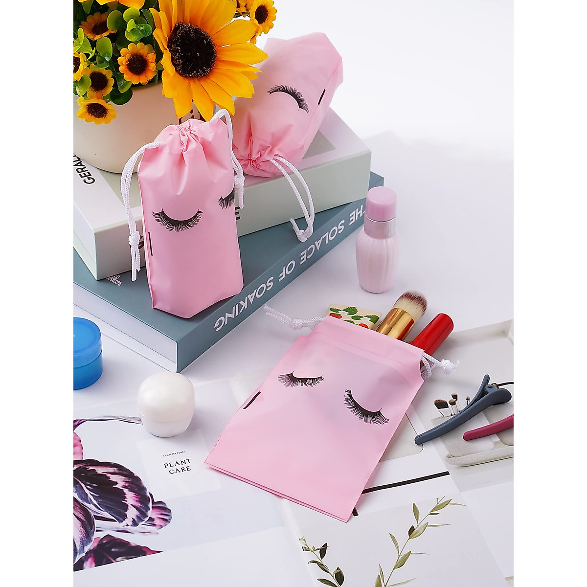 Rohuis 50pcs Eyelash Aftercare Lash Bags for Clients - Drawstring Makeup Cosmetic Shampoo Sample Pouches for Women and Girls- Small Business Supplies (Pink,4 x 6 Inches)