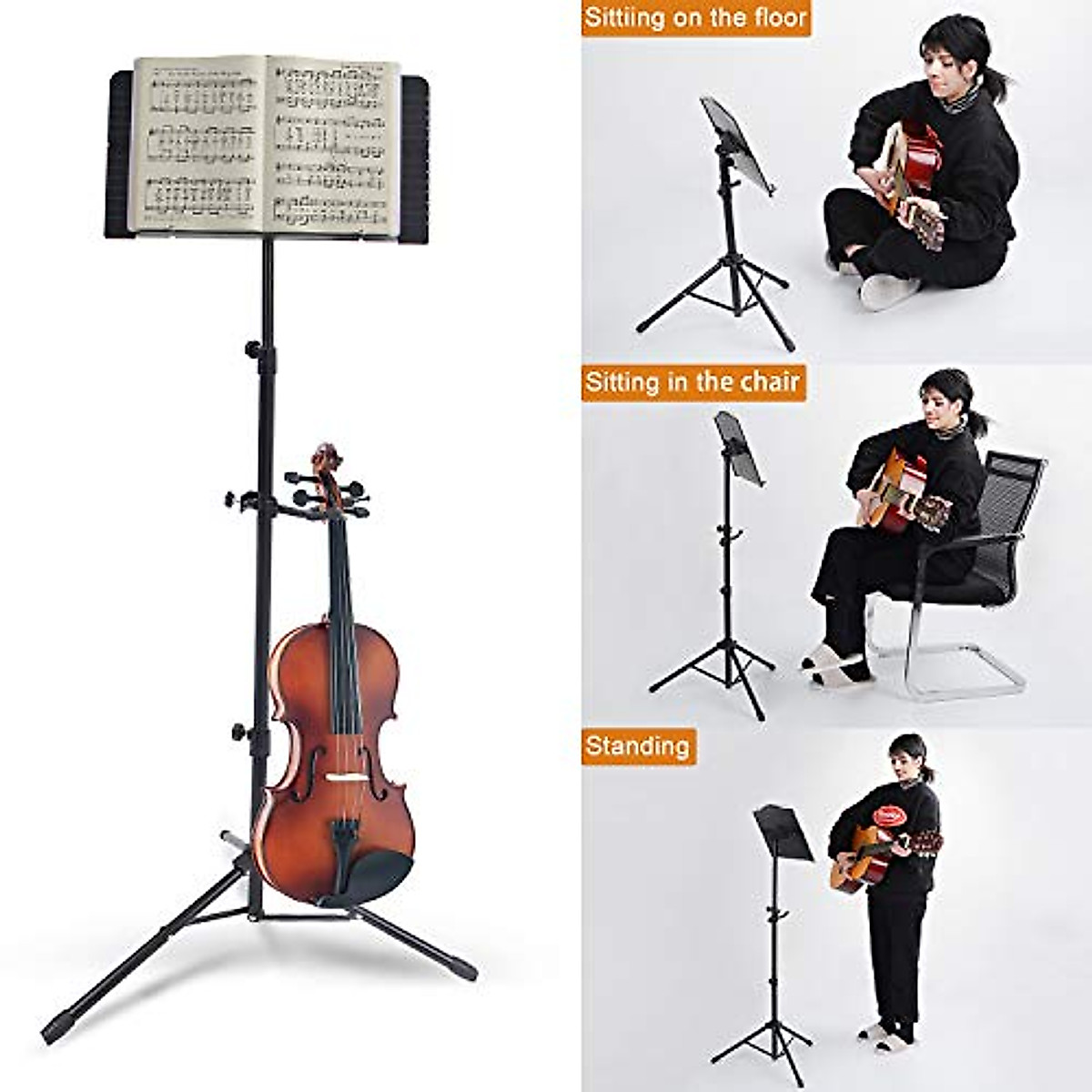 Klvied Sheet Music Stand with Violin Hanger, Portable Folding violin Stand, Foldable Music Stand for Sheet Music, Violin Music Stand with Carrying Bag, Light, Black