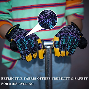 FEISHDEK Kids Genuine Leather Work Gloves, Safety Gloves, Touch Screen, Reflective, Breathable Design, for Children Age 3-12 (Medium (6-8 Years Old), Black)