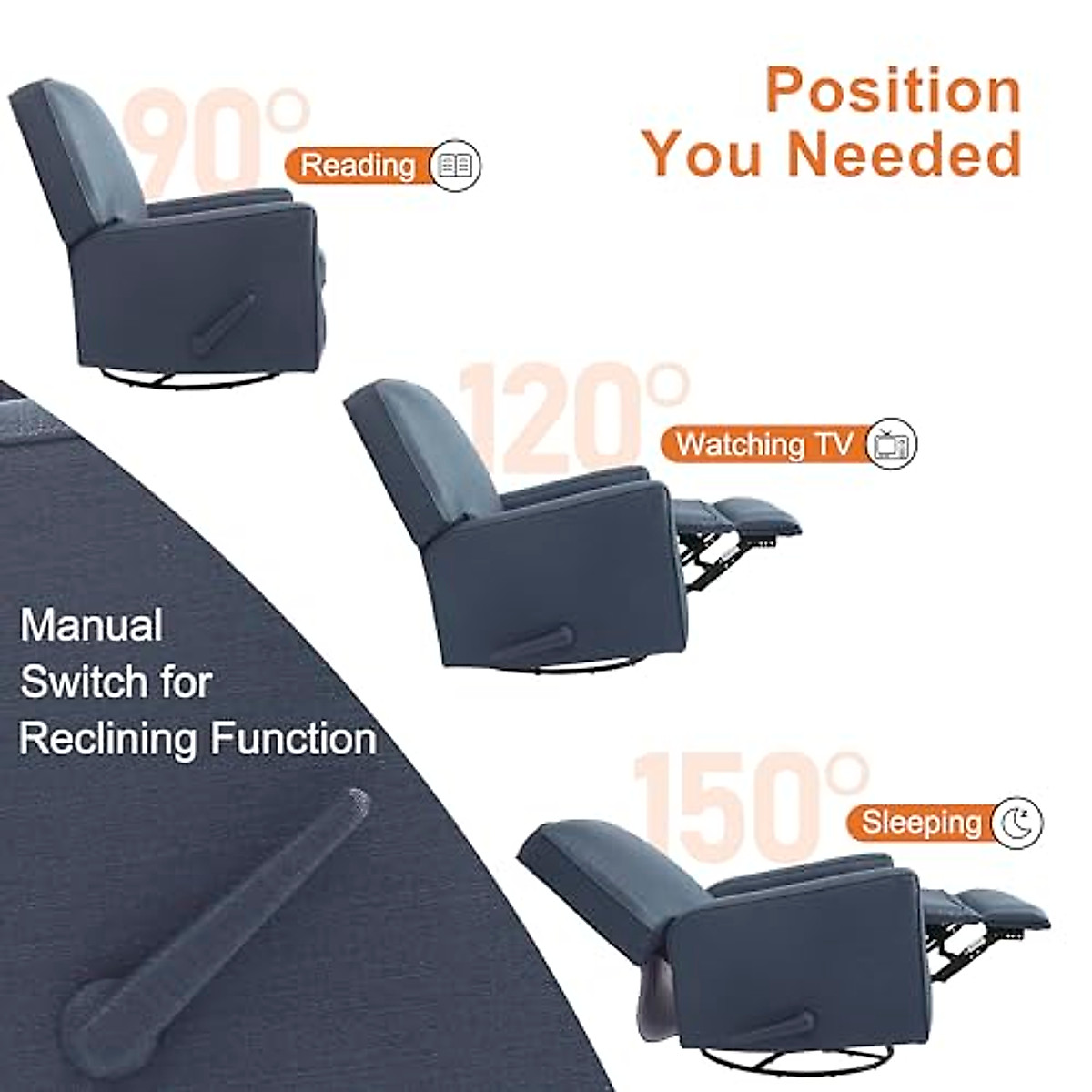 EASELAND 360 Swivel Rocking Recliner Chair, Comfy Upholstered Glider Rocking Recliner Chair, Single Gider Rocker Sofa Chair with Lumbar Support for Living Room, Bedroom