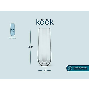 KooK Stemless Glass Champagne Flutes, Cocktail Cups for Rose, Prosecco, Mimosa, Great for Weddings and Parties, Dishwasher Safe, 9.4 oz, Set of 8