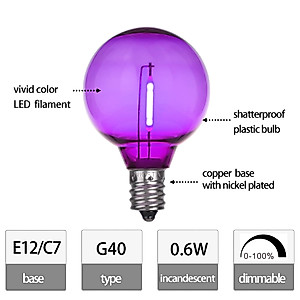 NIOSTA 25 Pack G40 LED Christmas Replacement Bulbs, Clear Purple Globe Light Bulbs for Outdoor String Lights, E12/C7 Candelabra Base, 0.7W LED Filament and Clear Shatterproof Plastic Material