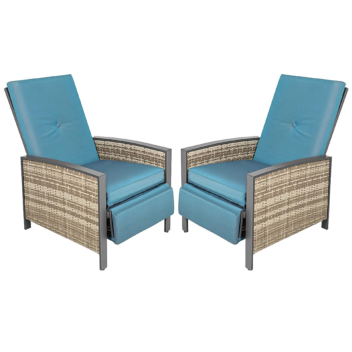 Brightpeak 2 Pack Patio Wicker Chaise Lounge Chair, Outdoor Rattan Reclining Pool Chair with Thick Padded Cushion & Adjustable Backrest for Outside, Lawn, Pool (Peacock Blue)