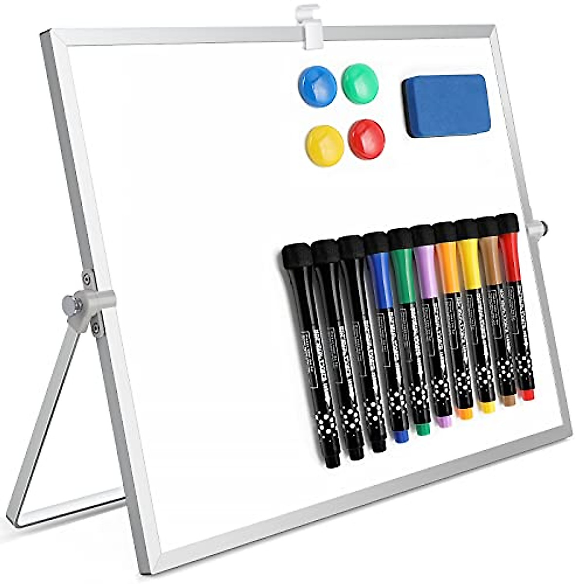 Dry Erase White Board, 16"X12" Double-Sided Magnetic Whiteboard with 10 Markers, 4 Magnets, 1 Eraser, Small White Board Withe Stand, White Board Easel for Kids Drawing Memo to Do List Wall School