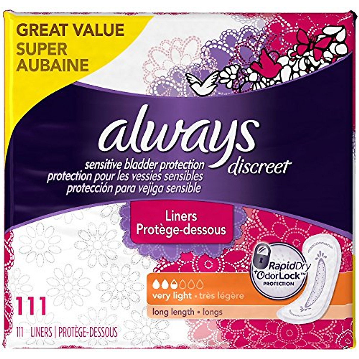 Always Discreet, Incontinence Liners, Very Light, Long Length, 111 Count, 111 Count