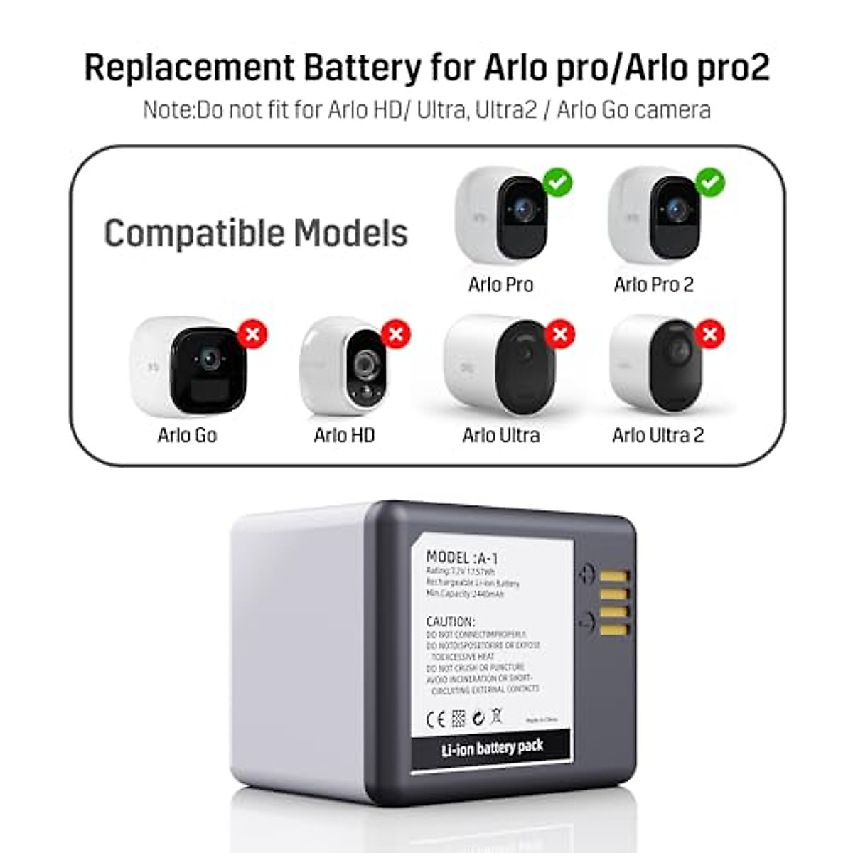 XYT-TECH 1-Pack Replacement Arlo Pro 2 Battery Compatible with Alro Pro, Alro Pro 2 Camera 2440mAh