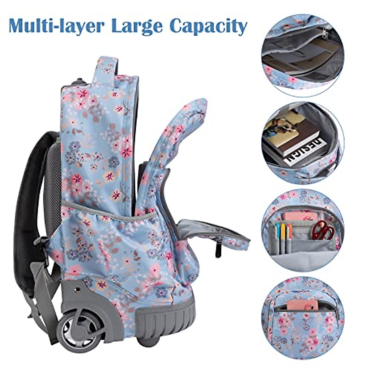 SKYMOVE 18 inches Wheeled Rolling Backpack Multi-Compartment Elementary Books Laptop Roller Bag Short Trip Carry-on for Women and Girls, Light Blue Flowers
