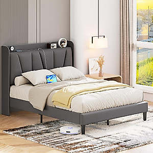Origeture Full Size Bed Frame with USB & Type-C Ports, Full Platform Bed Frame with Wingback Storage Headboard, Linen Upholstered, Solid Wood Slats Support, Easy Assembly, No Box Spring Needed, Gray