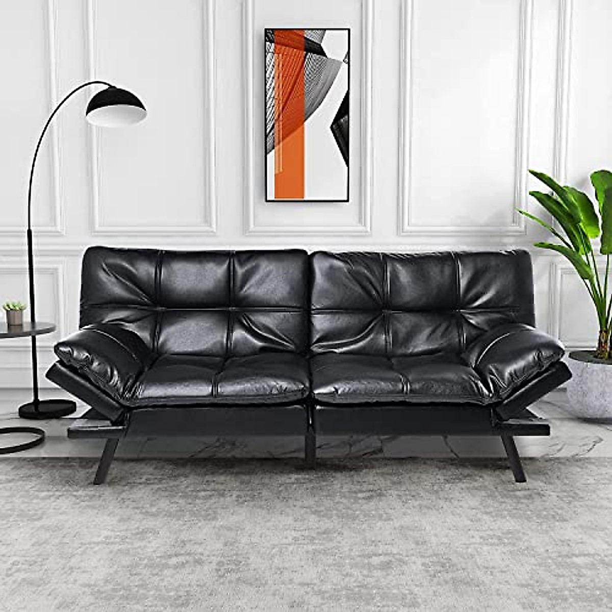 IULULU Futon Bed, Faux Leather Sofa Couch with Memory Foam, Modern Convertible Sleeper Daybed with Adjustable Armrests for Studio, Apartment, Office, Dorm, Easy Assembly, Black