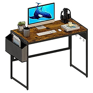 AWQM Computer Desk 39 Inch, Home Office Work Desk Laptop Desk with Side Bag, Study Writing Table Desktop Table with Iron Hook, Workstation for Small Spaces, Antique Brown