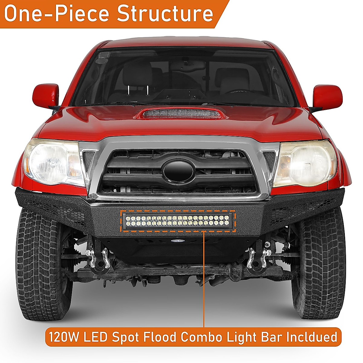 Hooke Road Tacoma Front Bumper & Rear Bumper w/Tire Carrier Combo Compatible with Toyota Tacoma 2005-2011 2nd Gen Pickup Truck (Textured Black Steel)