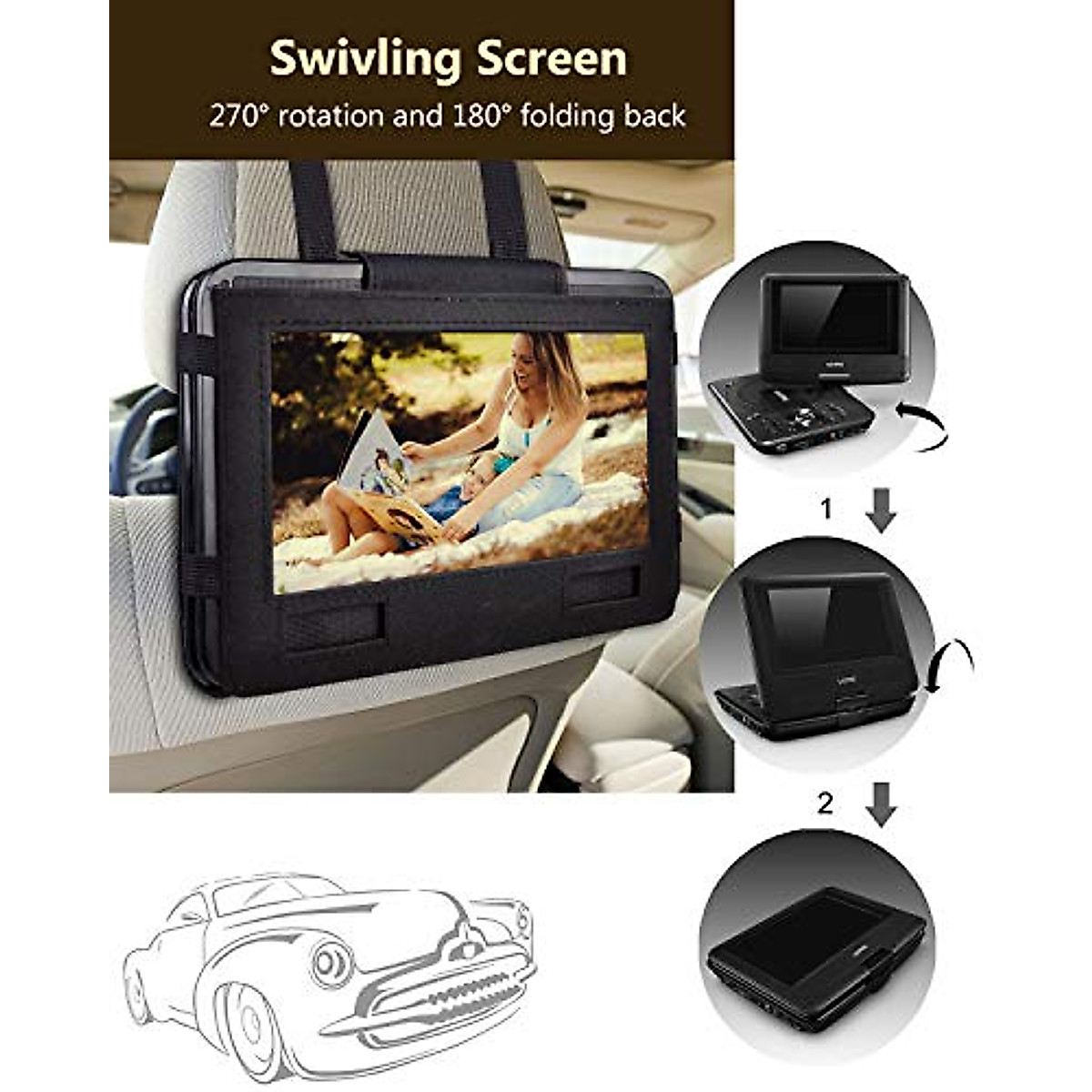 UEME Mini DVD Player for Kids with 7 inches Swivel Screen and Internal Rechargeable Battery, Support DVD CD USB SD Card, with Car Headrest Mount Holder, Region Free