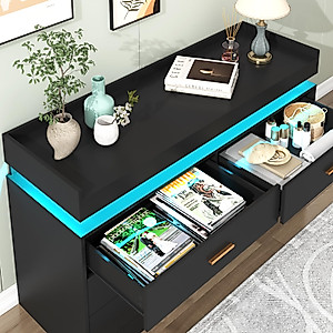 Hlivelood 6 Drawer Dresser with LED Light and Charging Station, Modern Chest of Drawers for Closet, Wide Drawer Organizer Cabinet for Bedroom, Living Room, Entryway, Hallway(Black)